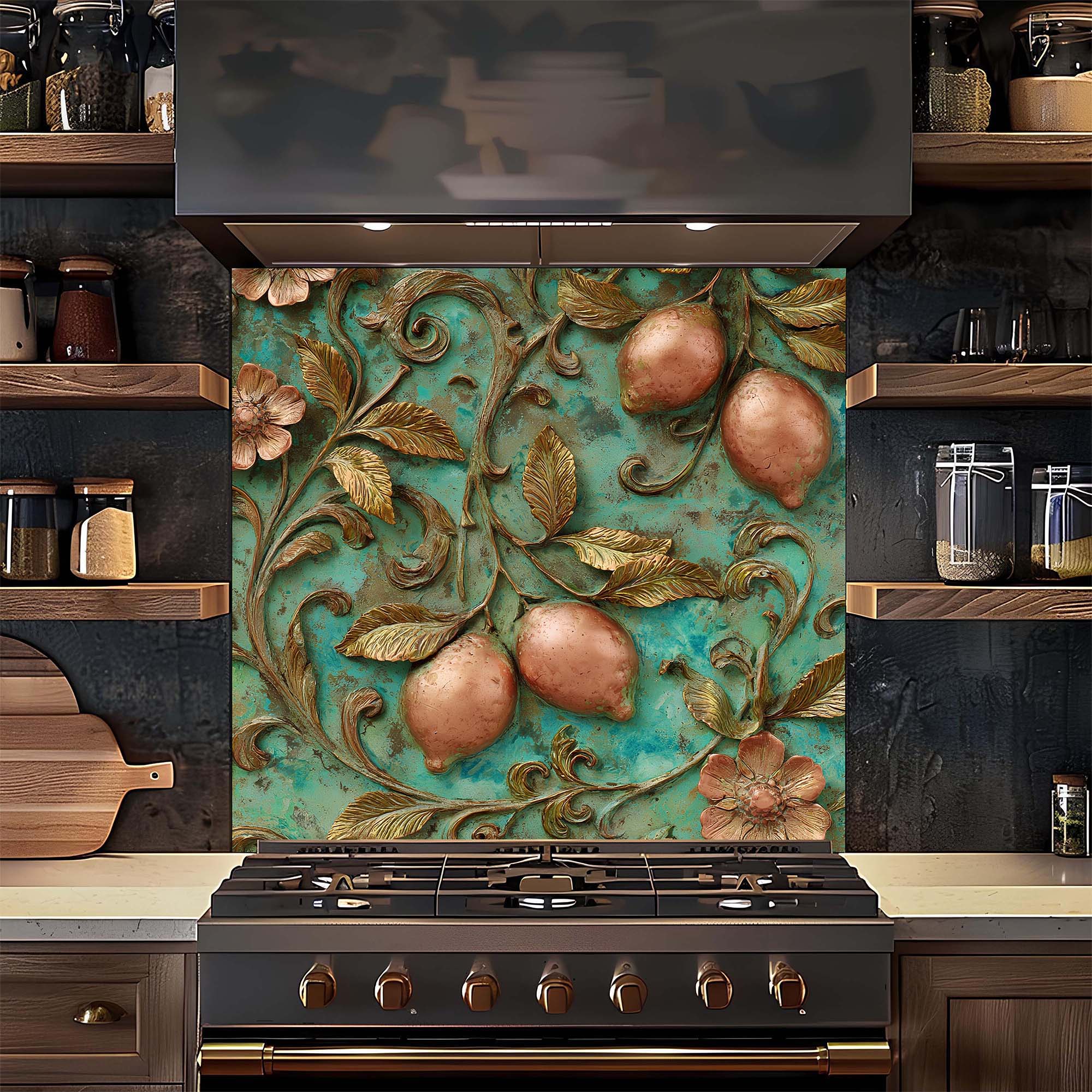 Turquoise Lemon Garden Glass Backsplash – Copper Look Glass Splashback ...