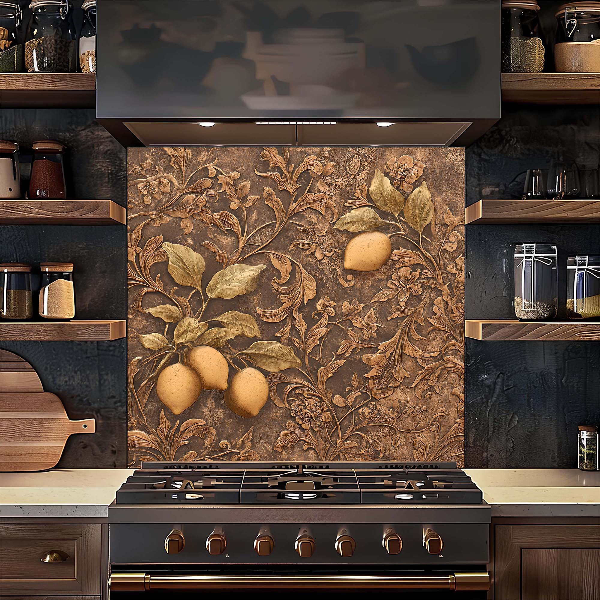 Tuscan Lemon Garden Glass Backsplash – Copper Look Glass Splashback ...