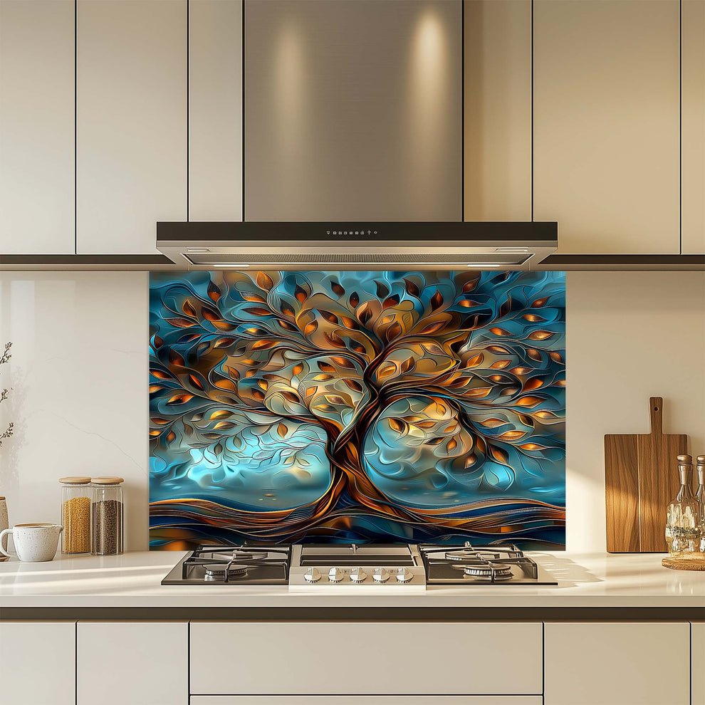 Copper Roots – Tree of Life Tempered Glass Backsplash in Copper & Teal ...