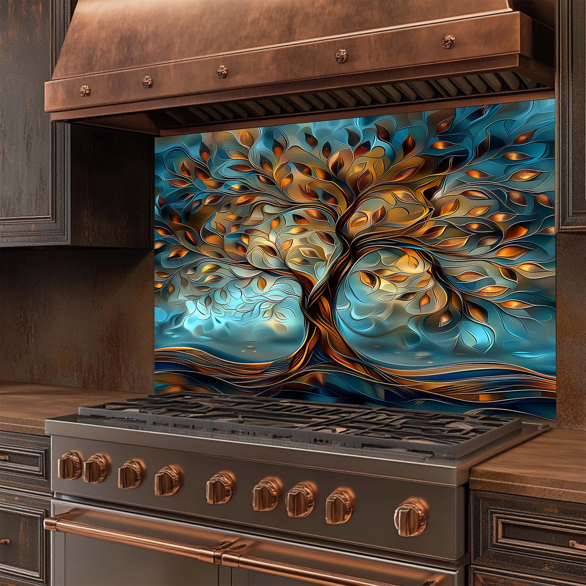 Copper Roots – Tree of Life Tempered Glass Backsplash in Copper & Teal ...